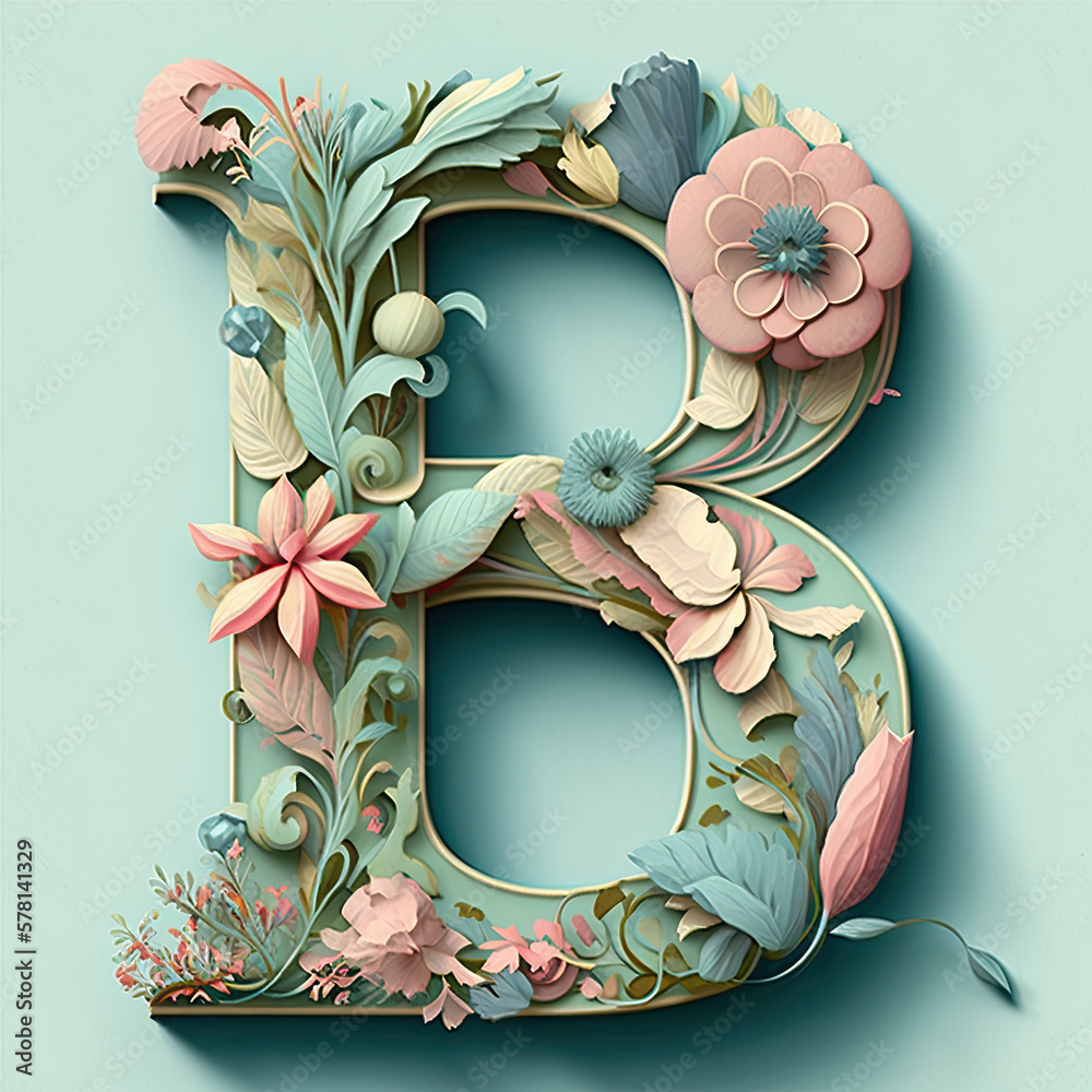 letter "B" with flower decoration pastel color palette, cartoon ...