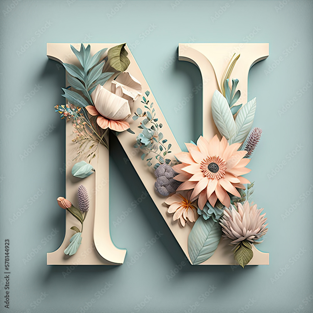 Letter "N" with flower decoration pastel color palette, cartoon ...