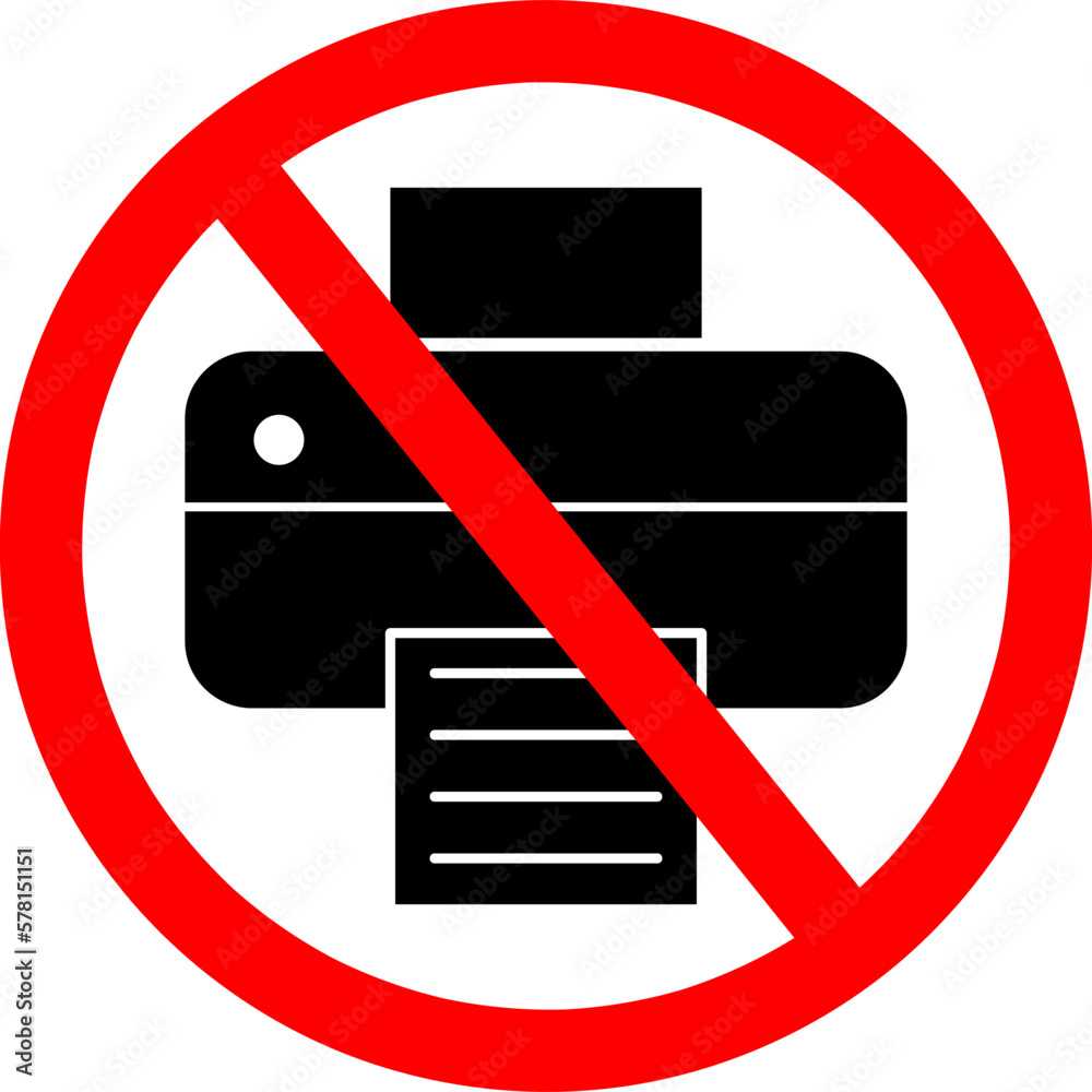 Printer line icon in prohibition red circle, No printing ban sign ...