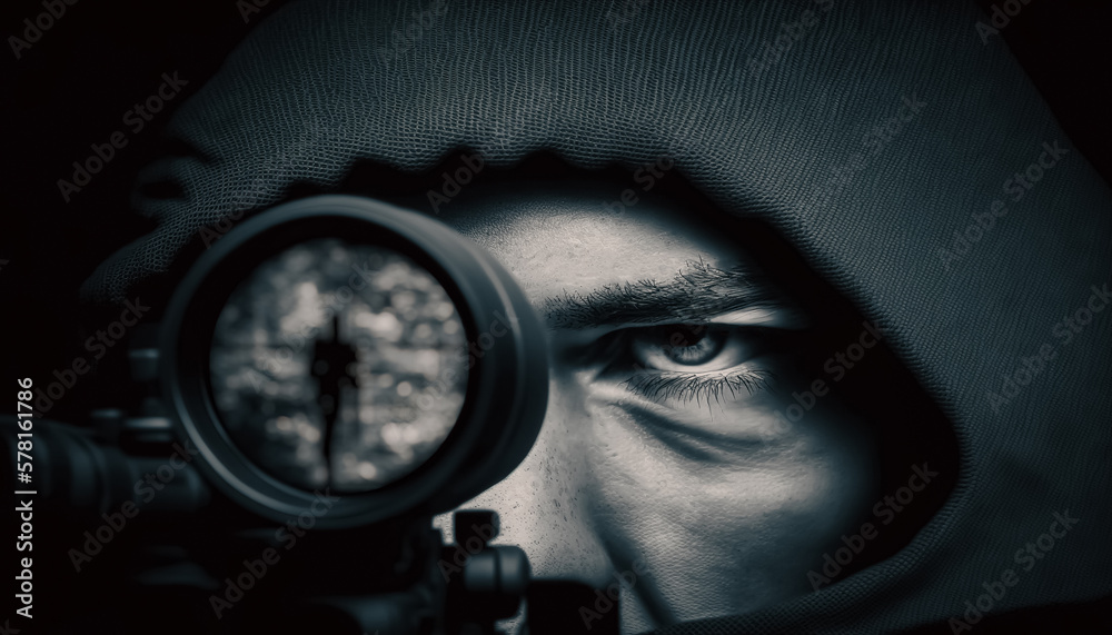 Sniper in which aiming from his rifle. sniper during the military ...