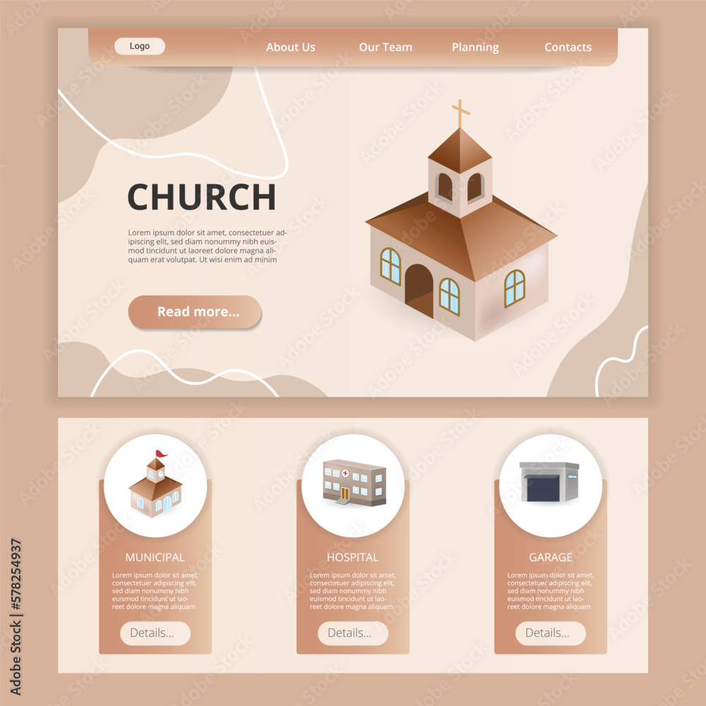 Church flat landing page website template. Municipal, hospital, garage ...