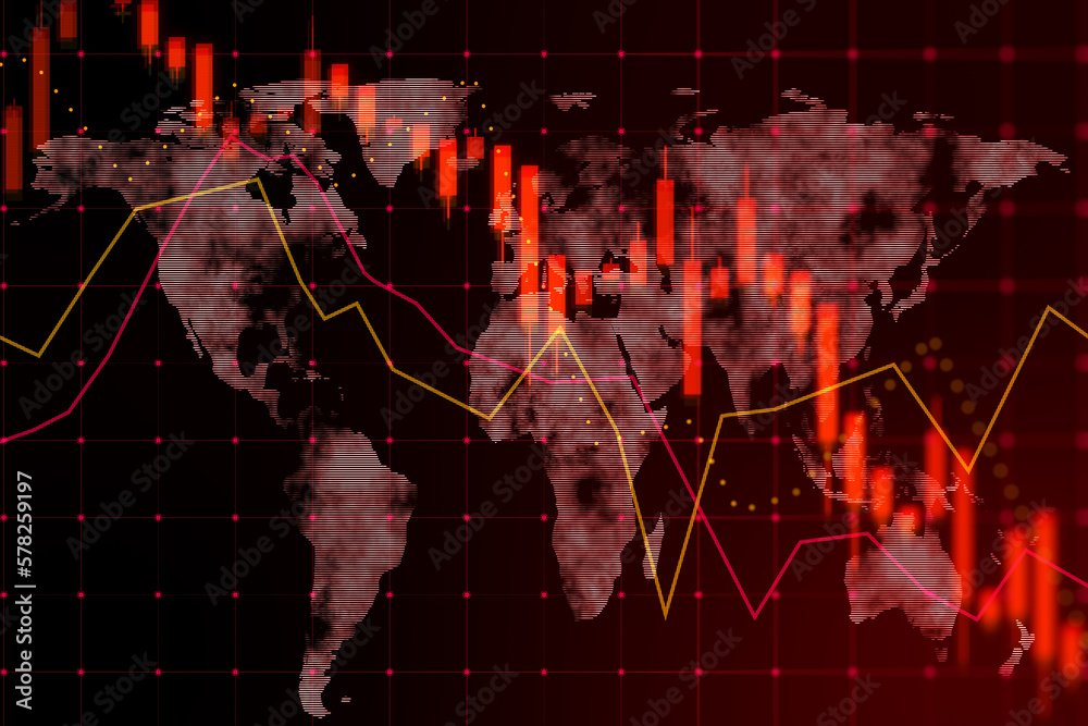 Global economy crisis and stock market crash concept with falling down digital red financial ...