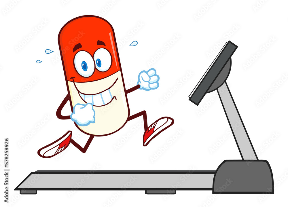 Happy Pill Capsule Cartoon Character Running On A Treadmill. Hand Drawn ...