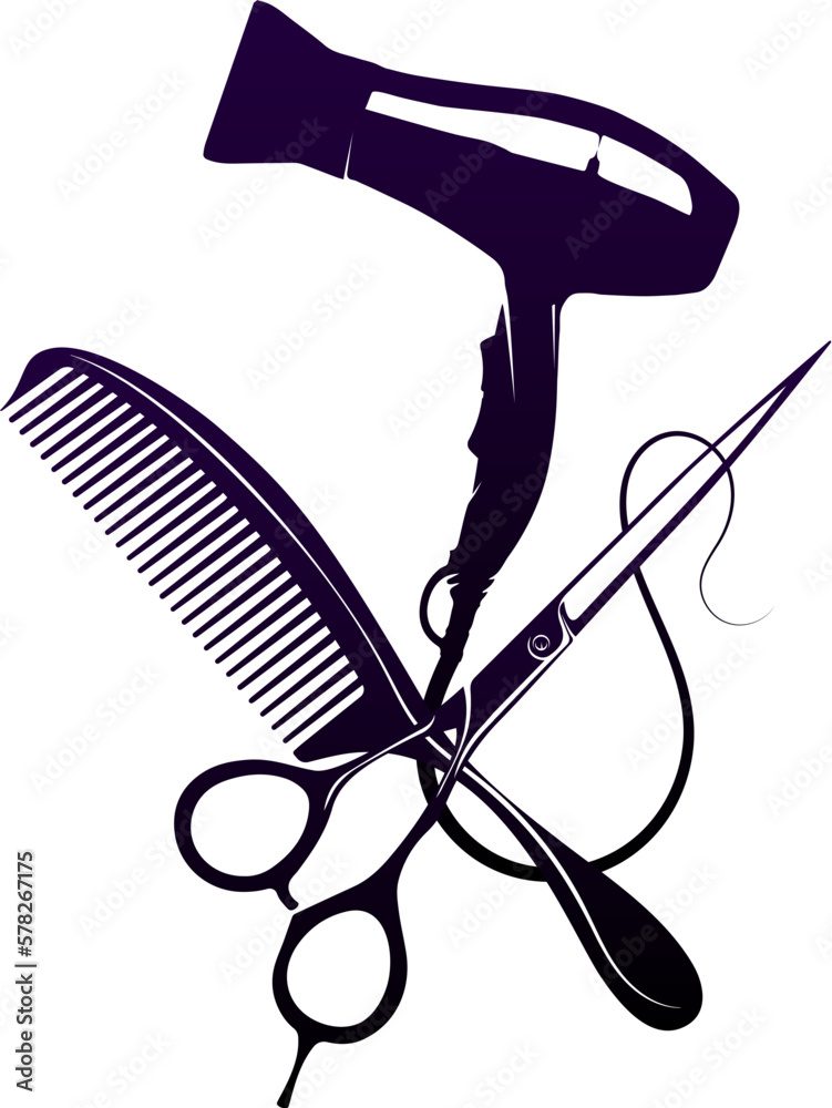 Scissors comb and hair dryer, hair stylist and beauty salon sign Stock ...