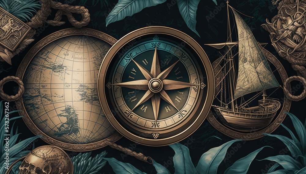 Wallpaper with pirate ships , magnetic compass created with generative ...