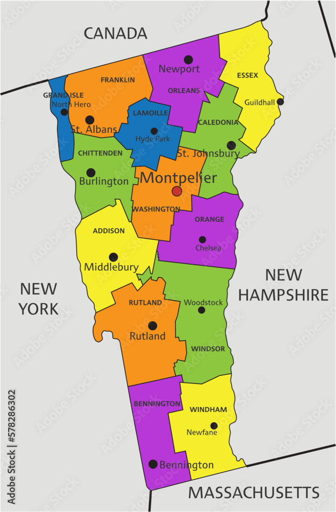 Colorful Vermont political map with clearly labeled, separated layers ...