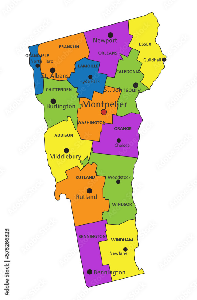 Colorful Vermont political map with clearly labeled, separated layers ...