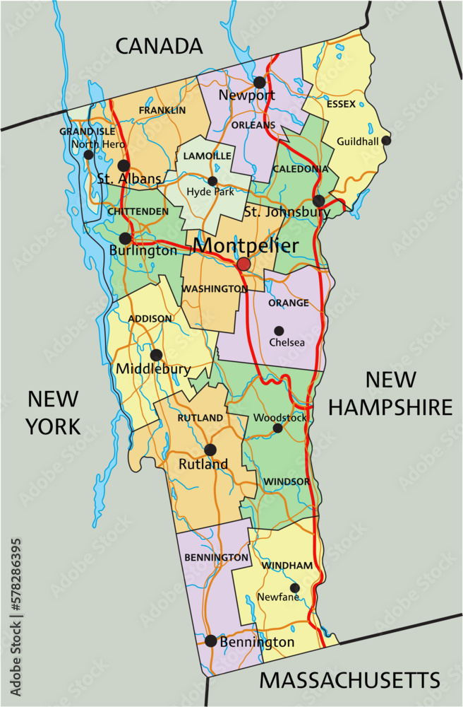 เวกเตอร์ Stock Vermont - Highly detailed editable political map with ...