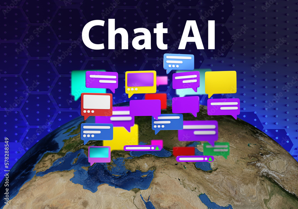 Chat AI. Clouds messages over planet. Chat AI technology. Artificial ...