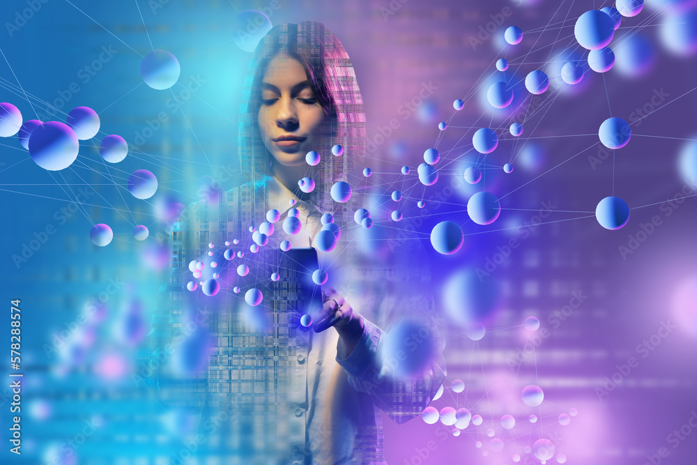Woman developer. Girl among neuron networks. Work with artificial ...