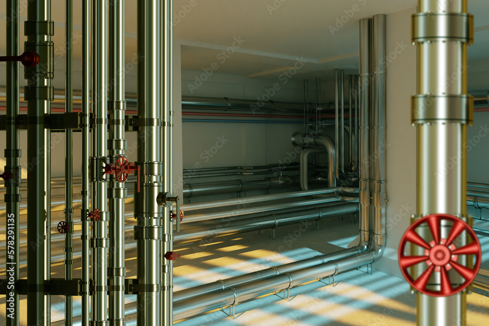 Industrial pipeline. Pipes in room. Utility room of industry enterprise ...