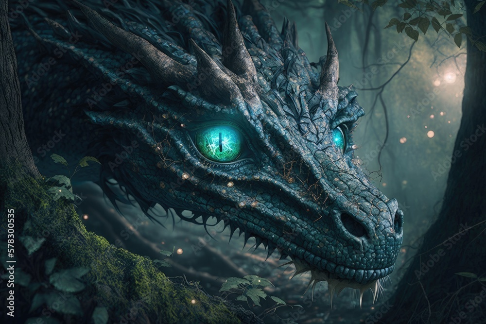haunting scary evil mythological forest dragon with bright eyes ...