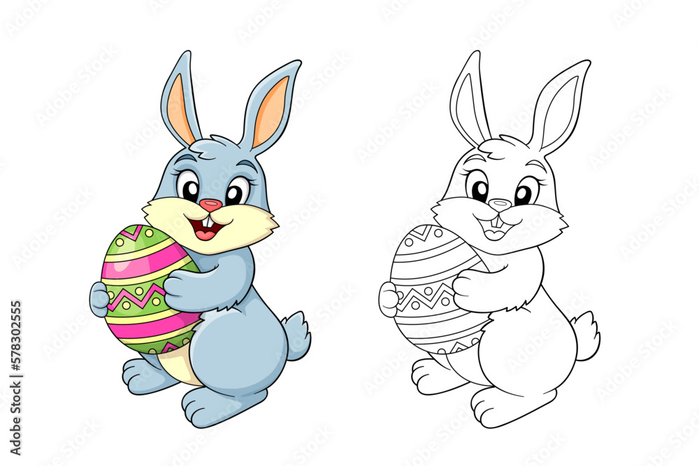 Easter Bunny with Easter egg. Black and white vector illustration for ...