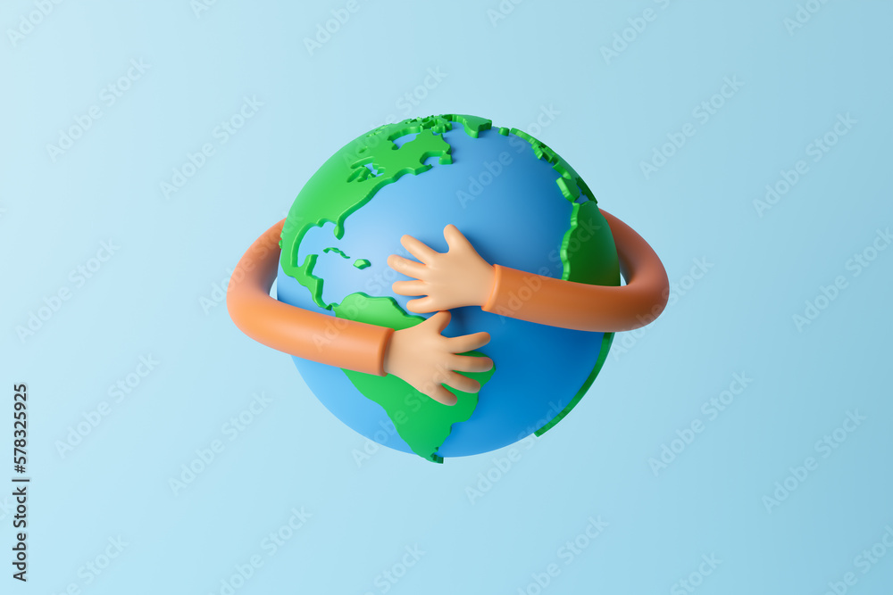 Happy Earth Day, 3d cartoon hands hug planet Earth. Concept of World ...