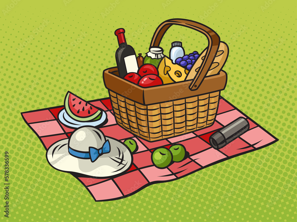 Picnic basket with food products pinup pop art retro raster ...