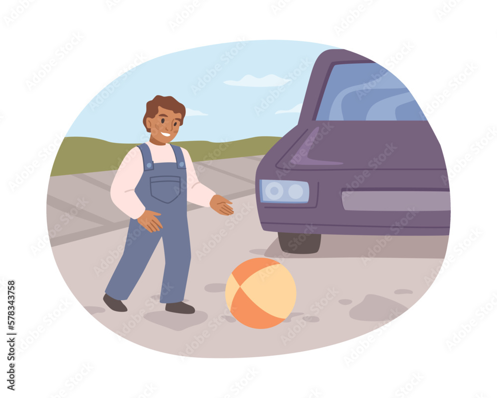 Kid playing ball on road with passing cars. Dangerous behavior of child ...