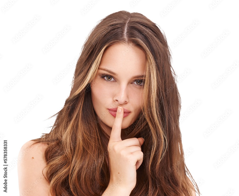 A delightful woman making a "shh" gesture, placing her finger on her ...