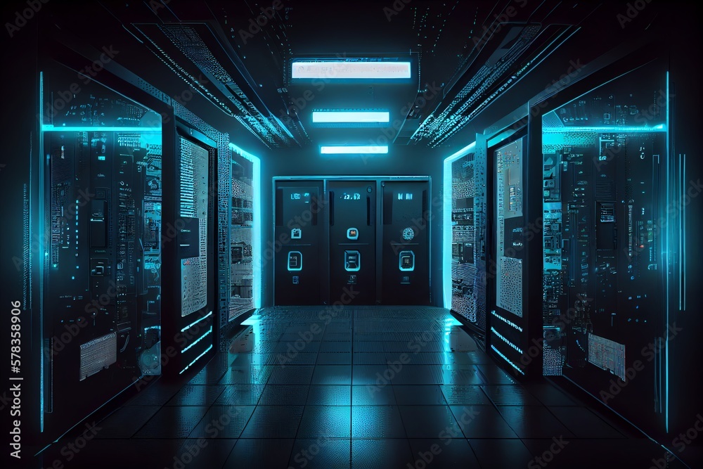 Cyberpunk Data Center Room With Mainframe Storage Servers Vintage Cloud Network Concept