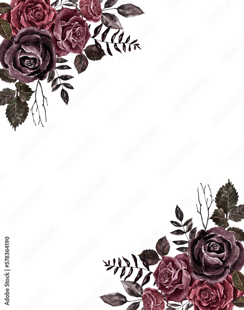 Watercolor dark red, burgundy, marsala, and black roses floral border ...