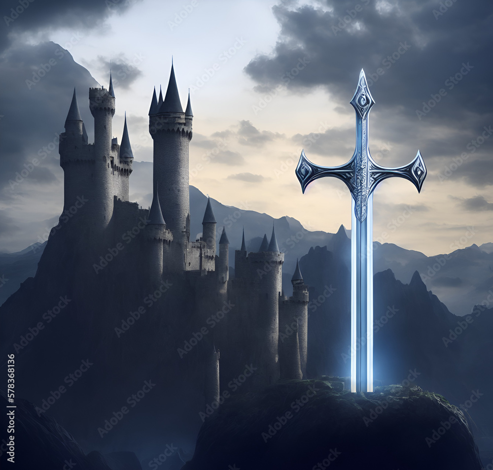 Excalibur sword. The mythical legendary sword in the stone. Camelot ...