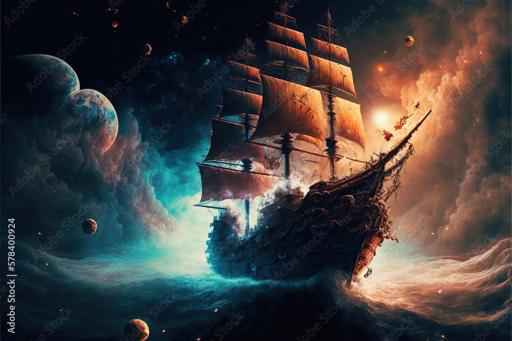 Wondrous illustration work of enchanted sailing ship travel through ...