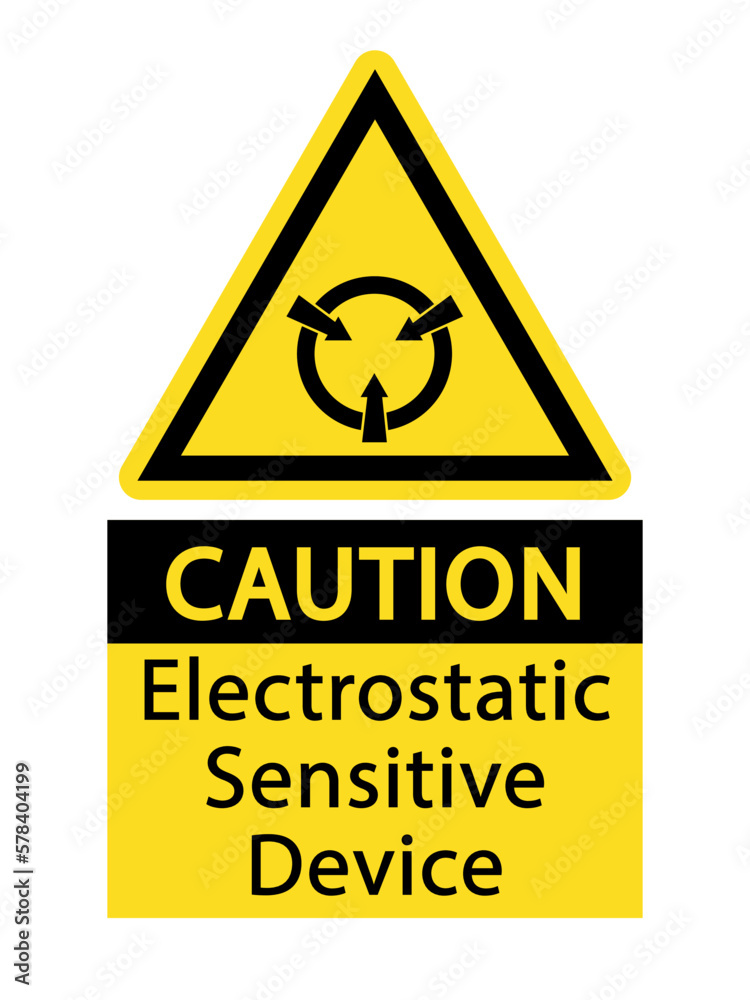 Caution, electrostatic sensitive device. Warning yellow triangle sign ...