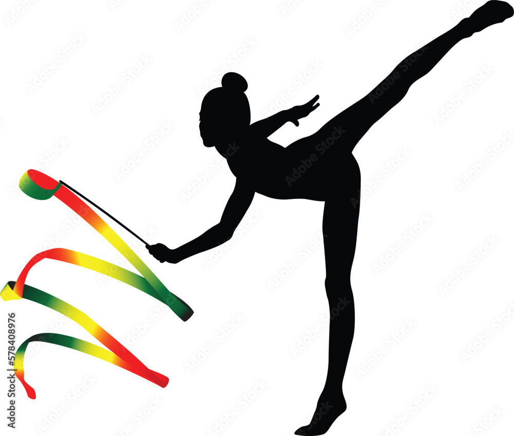 young female gymnast exercise colored ribbon in rhythmic gymnastics ...
