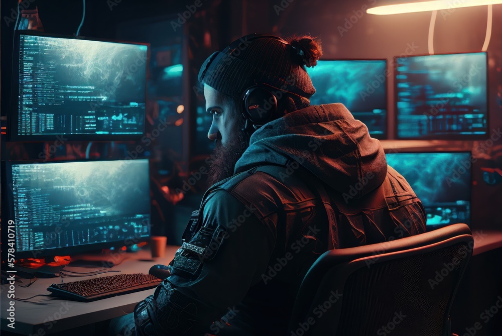 Hacker is sitting by many displays. Realism style detailed picture of ...