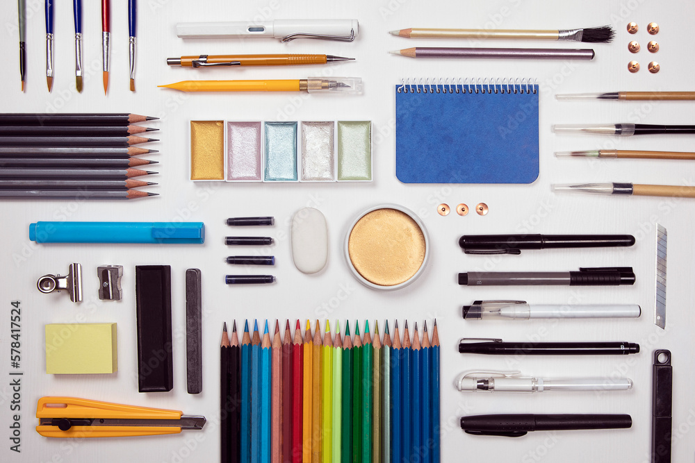 Designer work tools flat lay composition on white background. Painting ...