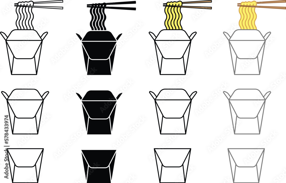 Ramen Noodle Takeout Box Clipart Set - Outline, Silhouette and Color ...