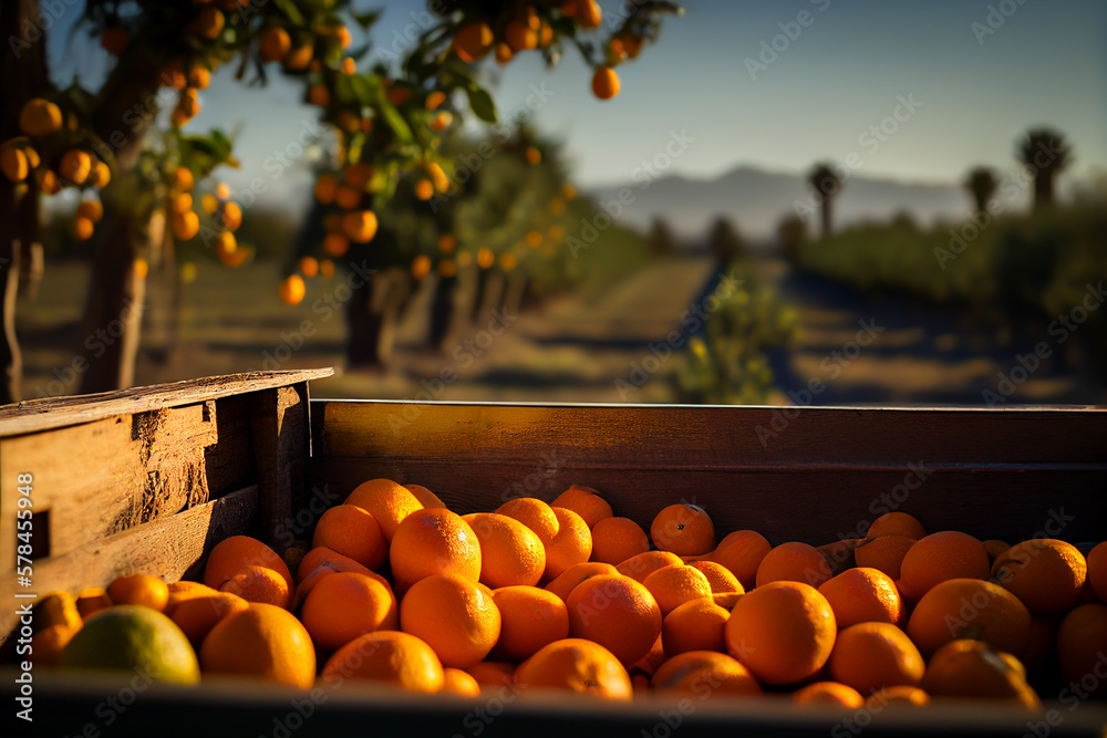Oranges harvest in farm garden. Citrus orange fruit grows on a tree ...