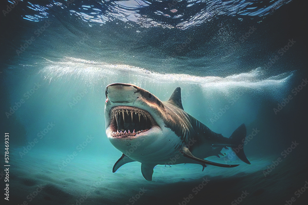 Shark with open mouth and huge teeth during attack. Tiger shark ...