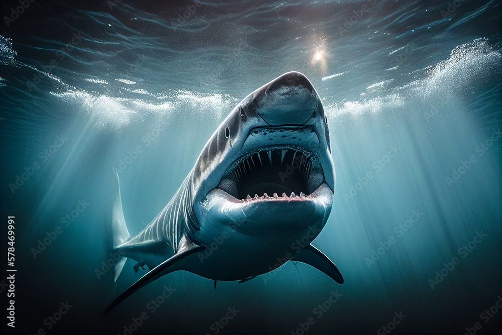 Shark with open mouth and huge teeth during attack. Tiger shark ...