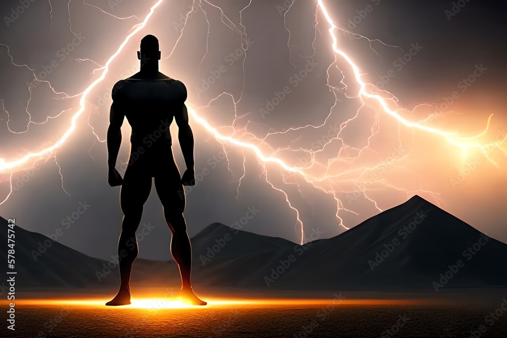 Man In Lightning Flashes, Body Silhouette With Inner Energy. Generative ...
