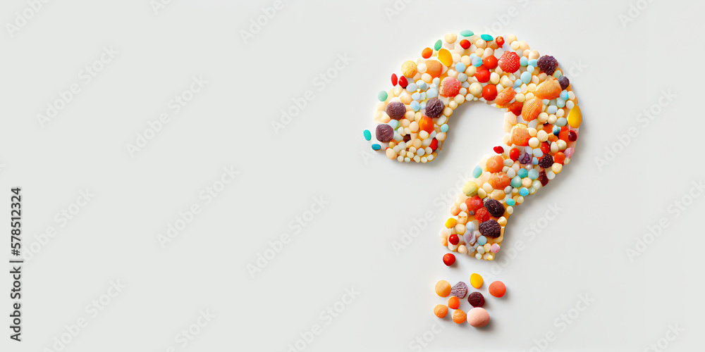 Candy and sweets question mark; food, diet and healthy eating concepts ...