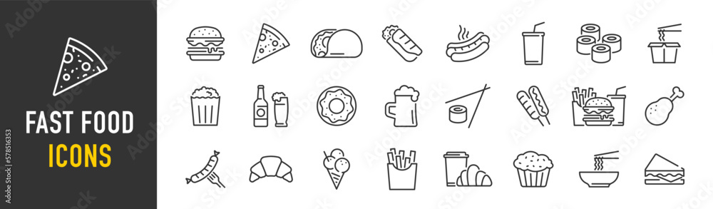 Fast food web icon set in line style. Pizza, chips, burger, french ...