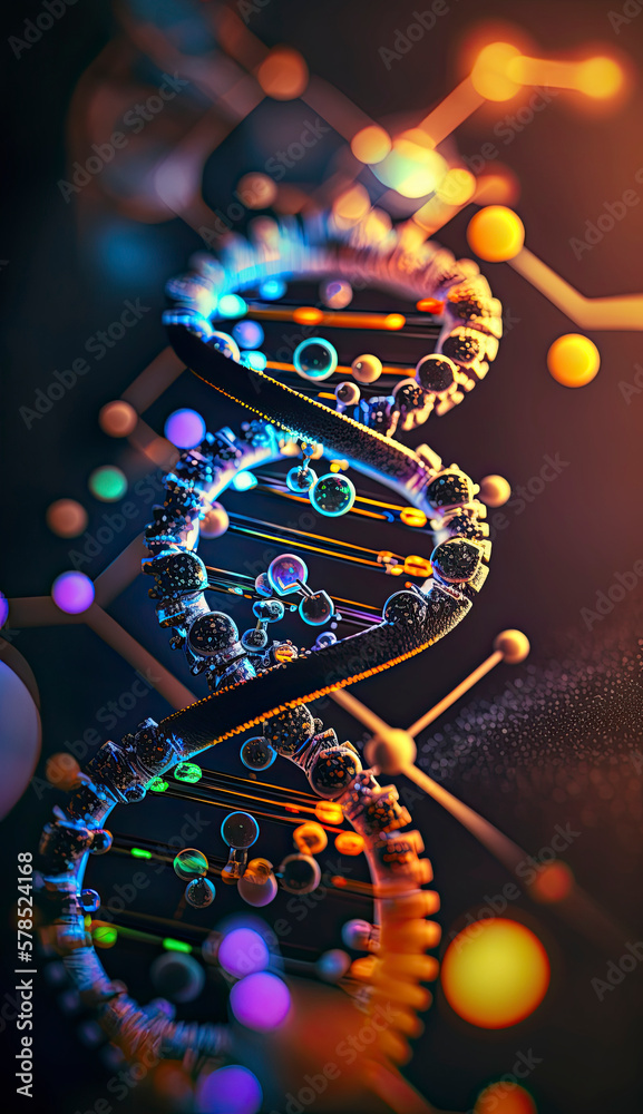 Colorful human dna strand surrounded with bio tech grid in cinematic ...
