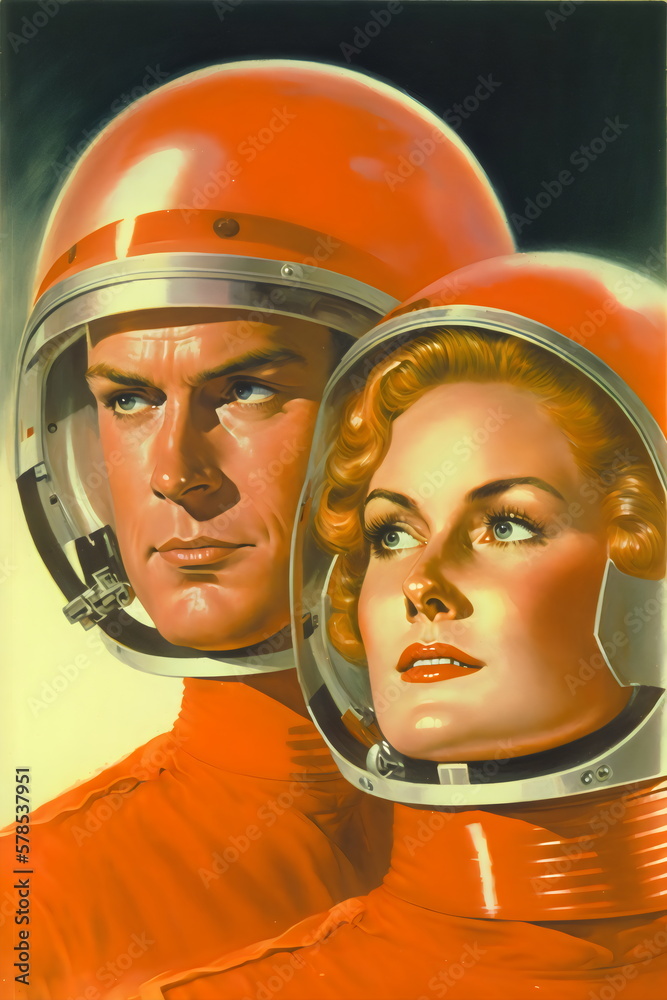 vintage sci-fi painting of male and female astronauts in helmets on ...