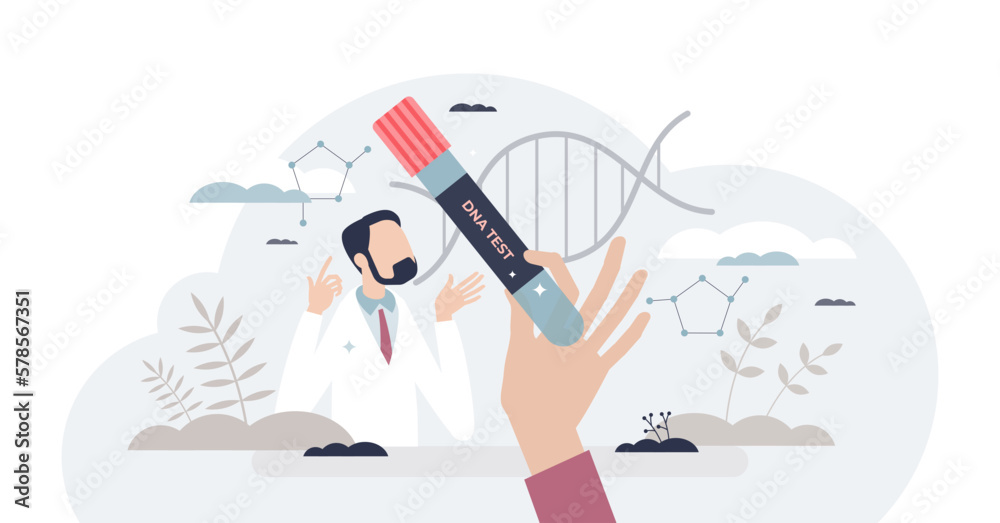 DNA test and gene helix code sample result research tiny person concept ...