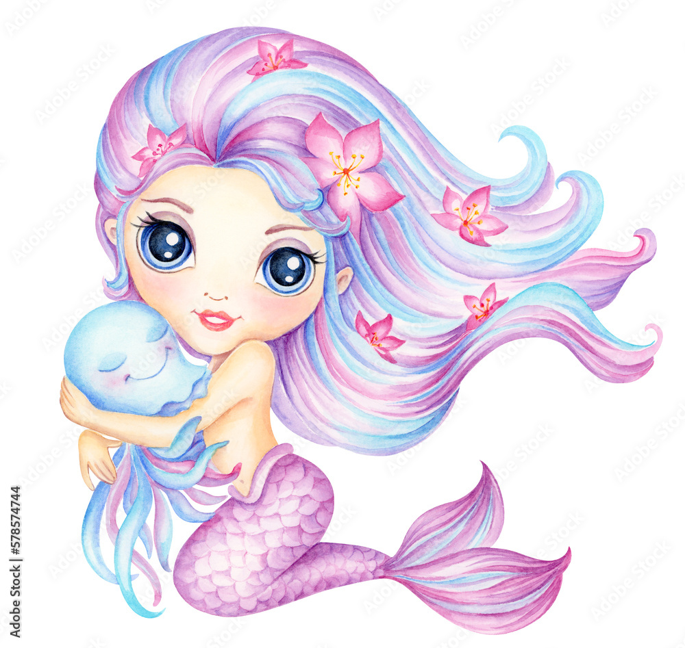 Cute little mermaid hugs octopus, watercolor hand drawing, friendship ...