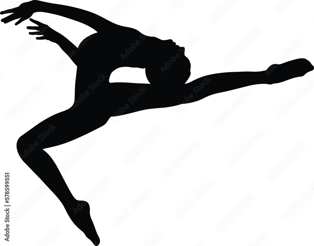 stag split leap girl gymnast in rhythmic gymnastics, black silhouette on white background ...
