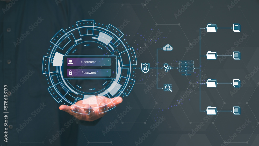 Cybersecurity and privacy concepts, user typing login and password, cyber security concept ...