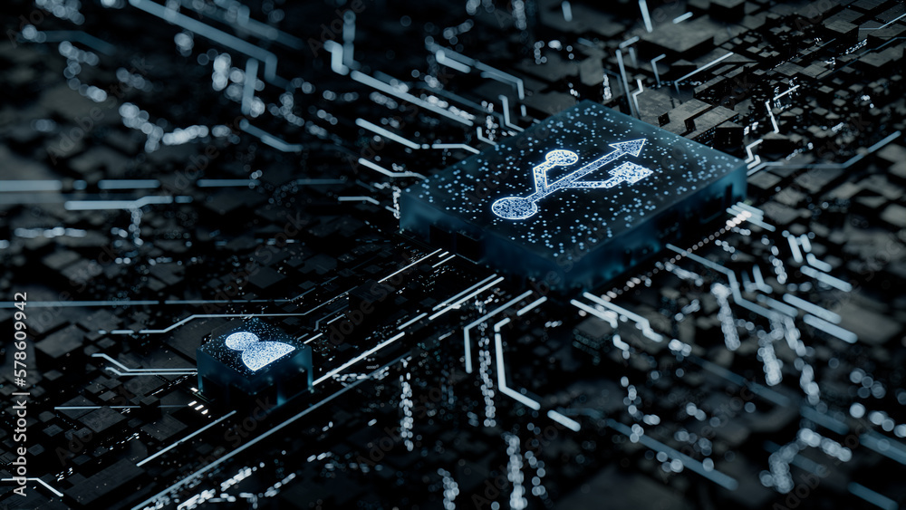 Interface Technology Concept with usb symbol on a Microchip. White Neon ...