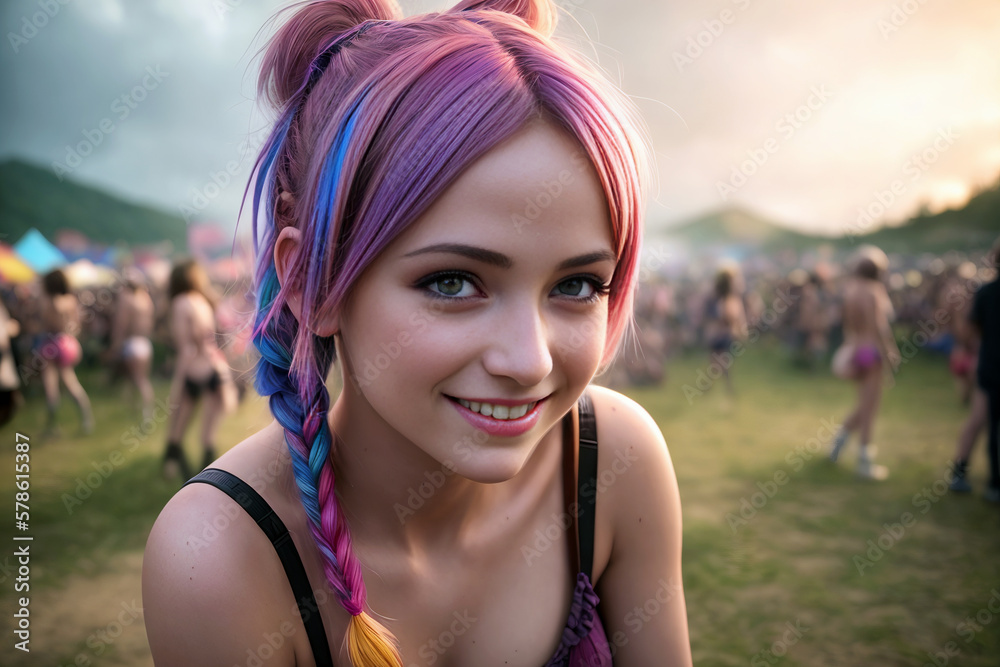 A beautiful young girl in a bikini is resting and having fun at the outdoor festival in nature ...