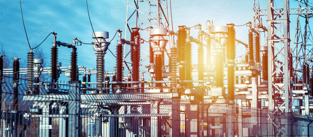 High voltage circuit breaker in a power substation.Electric power ...