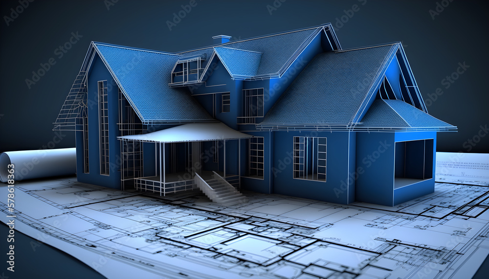 Blueprint designs and a home model for a construction project ...