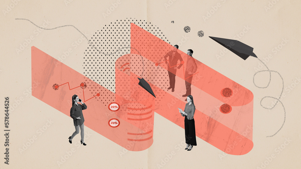 Innovations. Contemporary art collage. Conceptual design. Employees ...