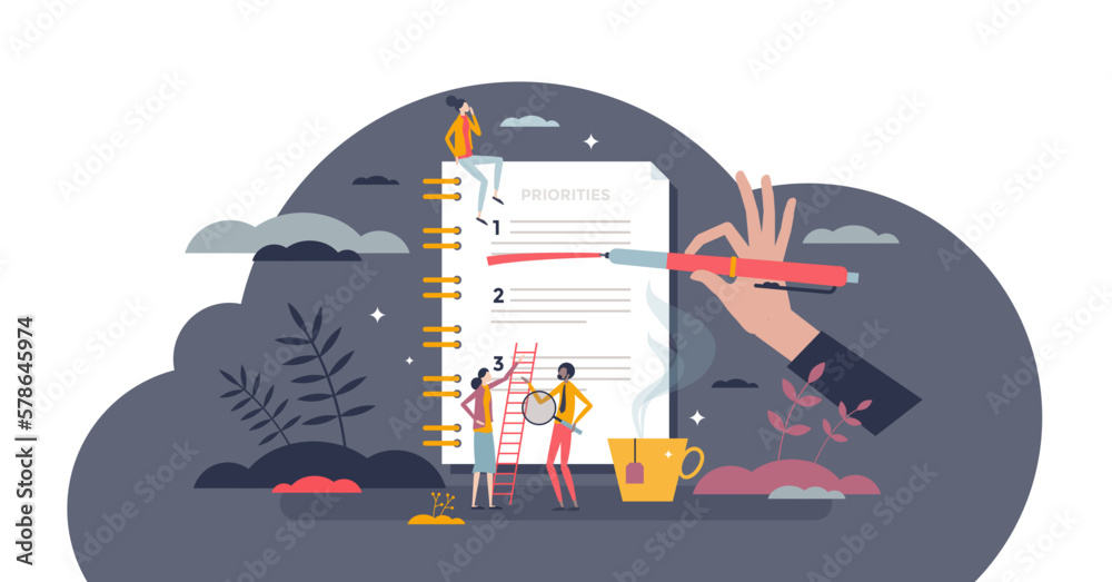 Priority agenda and list with work task importance tiny person concept ...