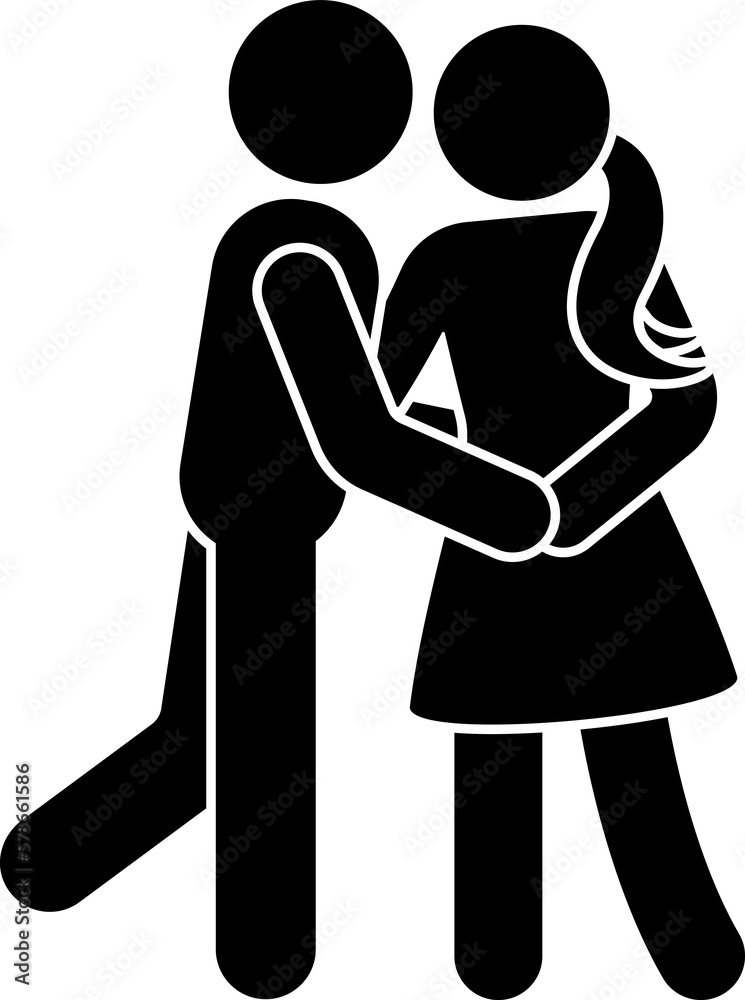 Young stick figure couple kissing and holding each other icon. Black ...
