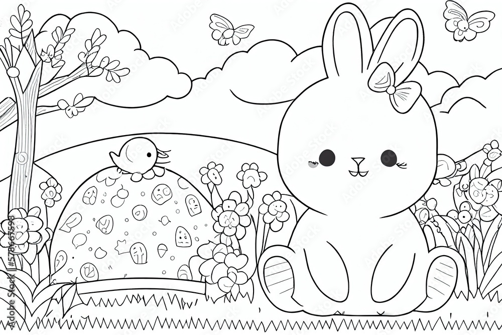 Coloring book page for kids, easter bunny, easter eggs, baby chick ...